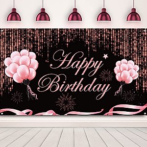 Happy Birthday Backdrop Banner Large Black and Rose Gold Glitter Sign Poster Photo Background for 30th 40th 50th 60th 70th 80th Birthday Party Decorations Supplies