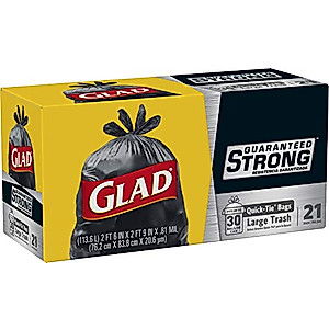 GLAD Strong Quick-Tie Large Trash Bags, 30 Gallon Bags for Large Kitchen Trash Can, 21 Count (Package May Vary)