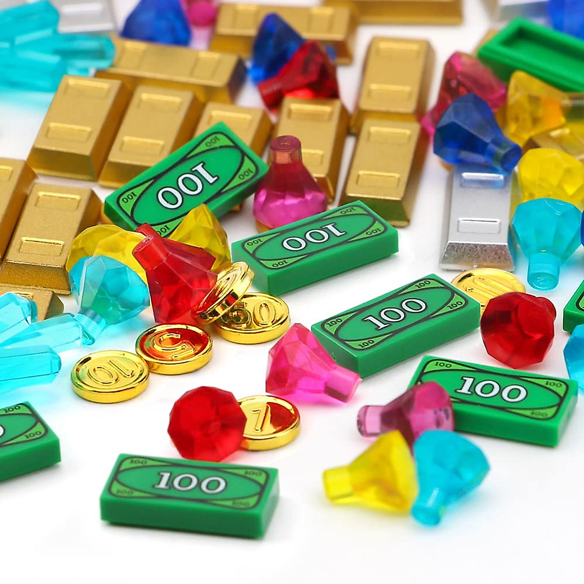 Feleph Treasure Accessories Money Building Blocks Set Jewel Chest, Gems Diamonds, Bullion Gold Tile Silver Bar, Power Crystals, Coins, Goblet, 100 Dollar Bill Cash Toy Brick