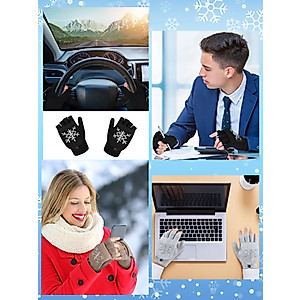 4 Pairs Women Knitted Winter Fingerless Gloves Thermal Convertible Knit Flip Wool Gloves Warm Half Finger Mittens for Women (White, Black, Gray, Khaki, Snowflake Style)