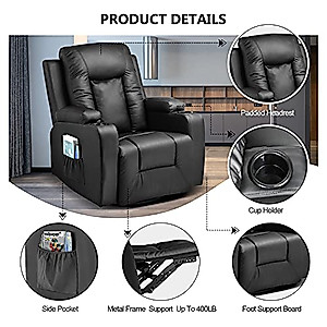 COMHOMA Leather Recliner Chair Modern Rocker with Heated Massage Ergonomic Lounge 360 Degree Swivel Single Sofa Seat with Drink Holders Living Room Chair (Black)