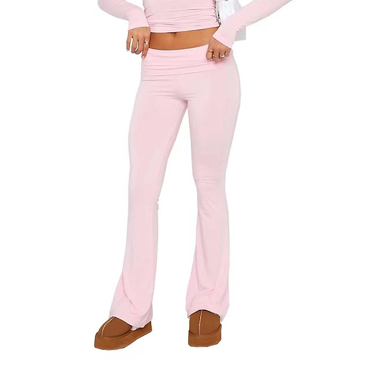 Sumleno Women Y2k Skinny Pants Flare Leggings Low Rise Fold Over Waist Bootcut Stretchy Yoga Sweatpants Lounge Streetwear (Light Pink,S)