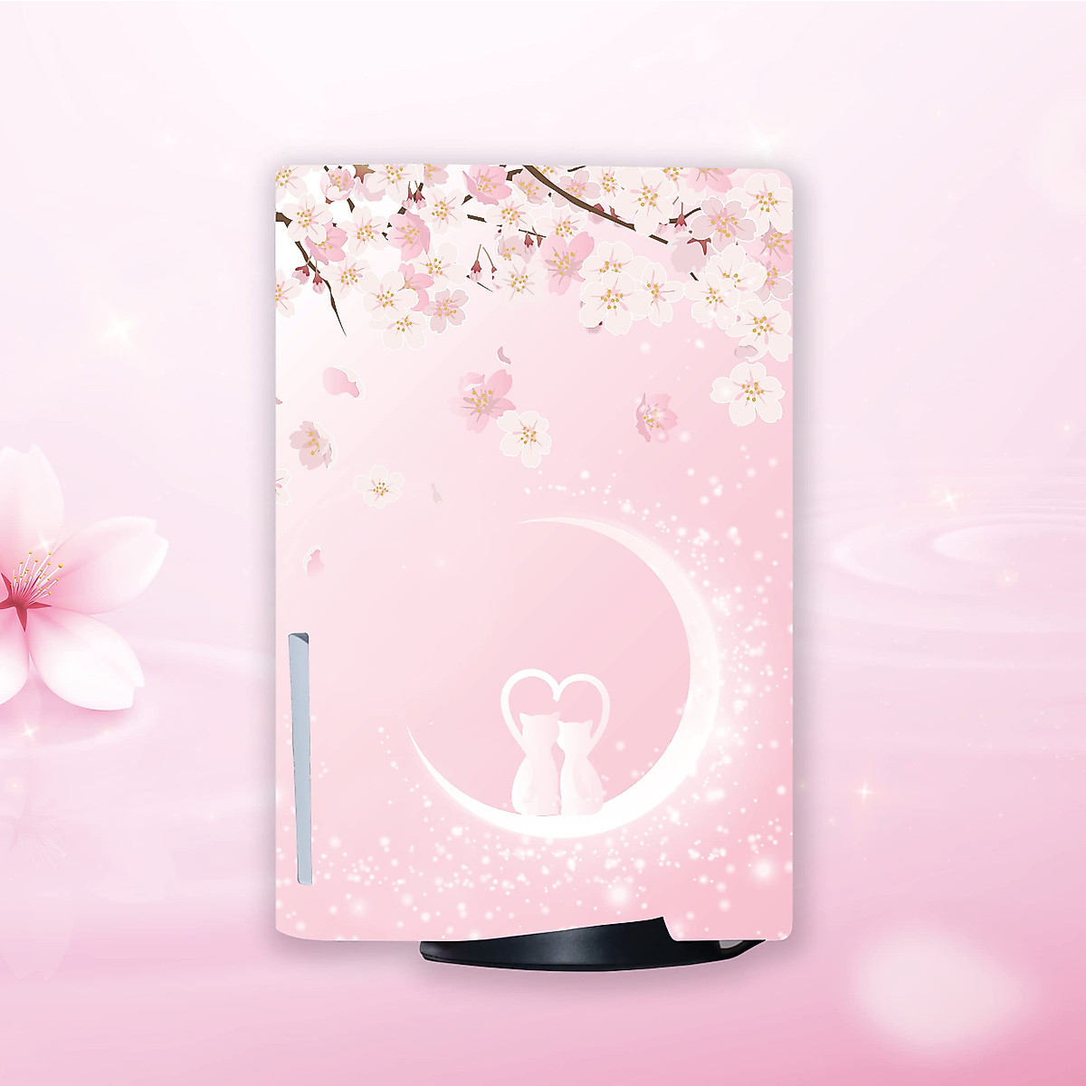 BelugaDesign Sakura Cat Skin PS5 | Anime Moon Heart Cherry Blossom Japanese | Cute Kawaii Vinyl Cover Wrap Sticker Console Controller | Compatible with Sony PlayStation 5 (PS5 Disc, Pink White)