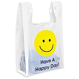 100 Premium Large T-shirt bags by Inevitable 11x7x21" ("Have A Happy Day" Smiley Face)