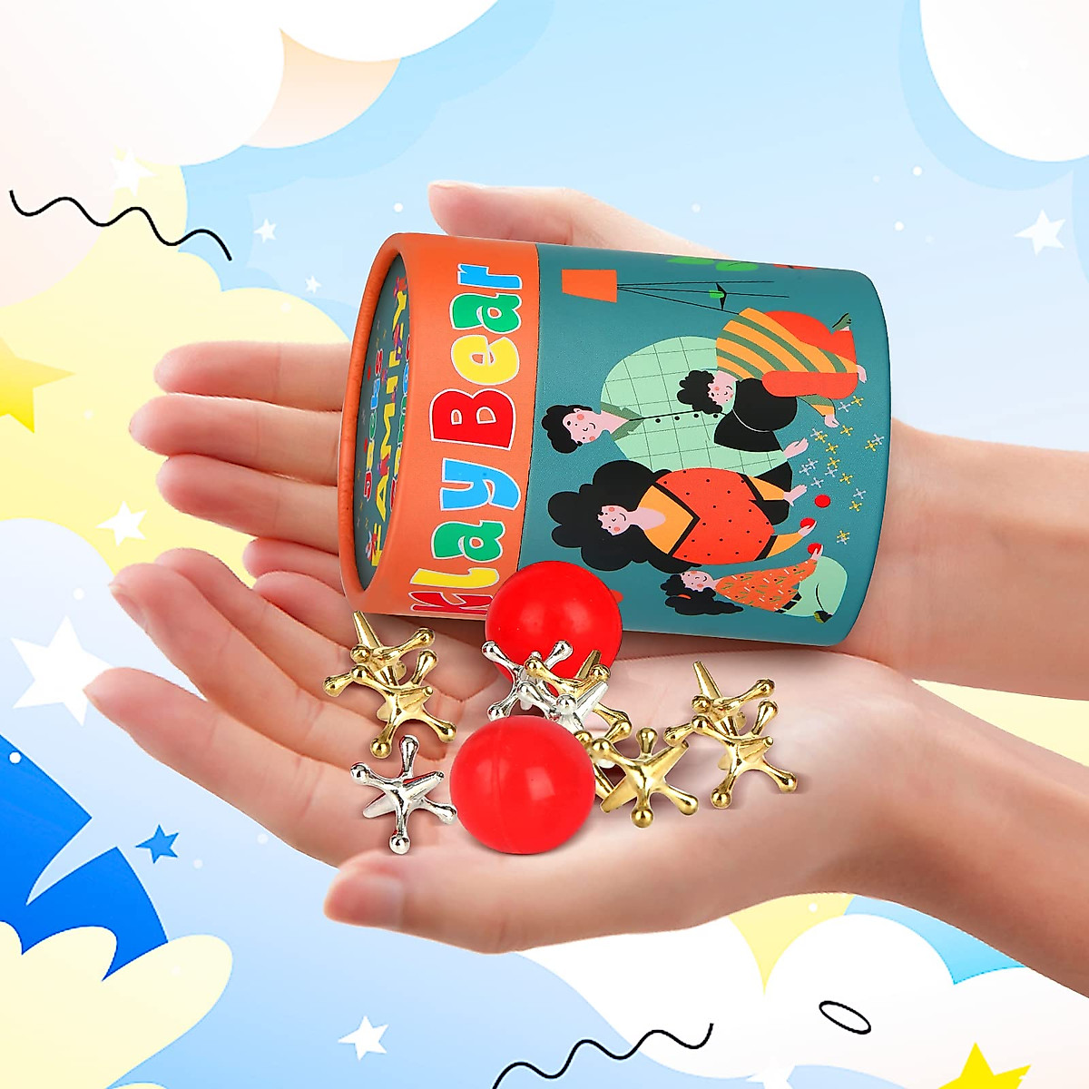 KlayBear Jacks Game with Ball, Retro Vintage Jax Game for Kids and Adults, Classic Board Games with 18 Metal Jacks & 3 Red Rubber Balls, Old Fashion Traditional Table Games for Family Game Night