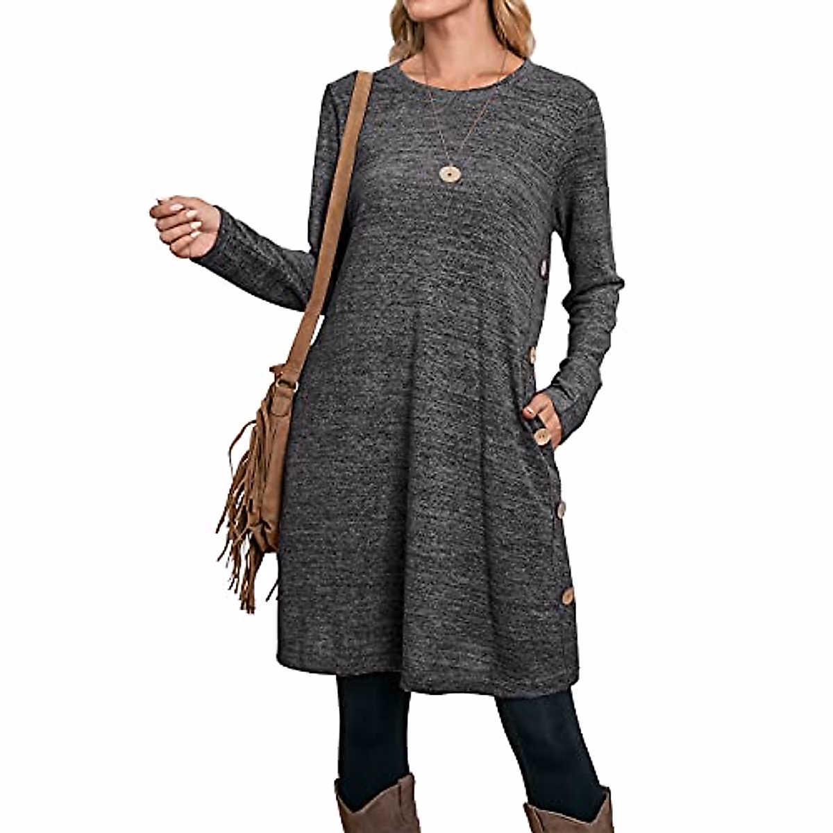 OFEEFAN Long Sleeve Dress Tunics for Women to Wear with Leggings Dark Grey L