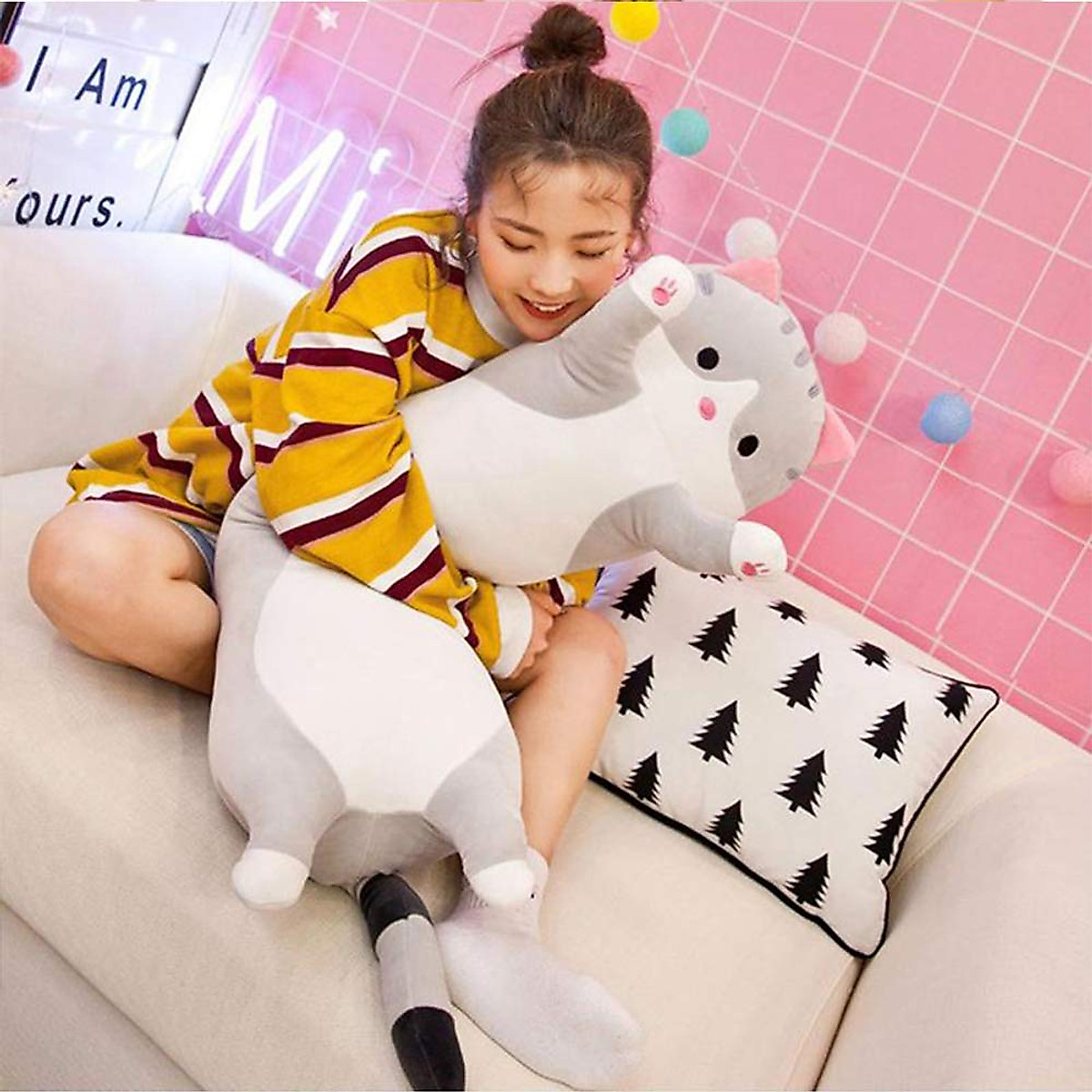 SNOWOLF Cute Cat Plush Long Body Pillow, 43 inch Cat Stuffed Animals Plushie Toy Soft Throw Sleeping Cotton Kitten Pillow Gift for Kids Girls (Gray, 43.3")