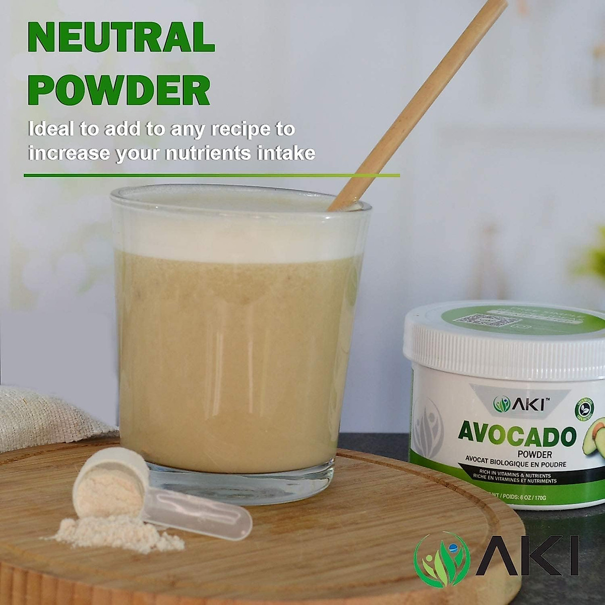 AKI Avocado Superfood Powder (6oz/170g) - Rich in Nutrients, Vitamins, Omega 3 & Antioxidants - Ideal for Smoothies, Yogurt or Milkshake Popsicles - Vegan & Non-GMO