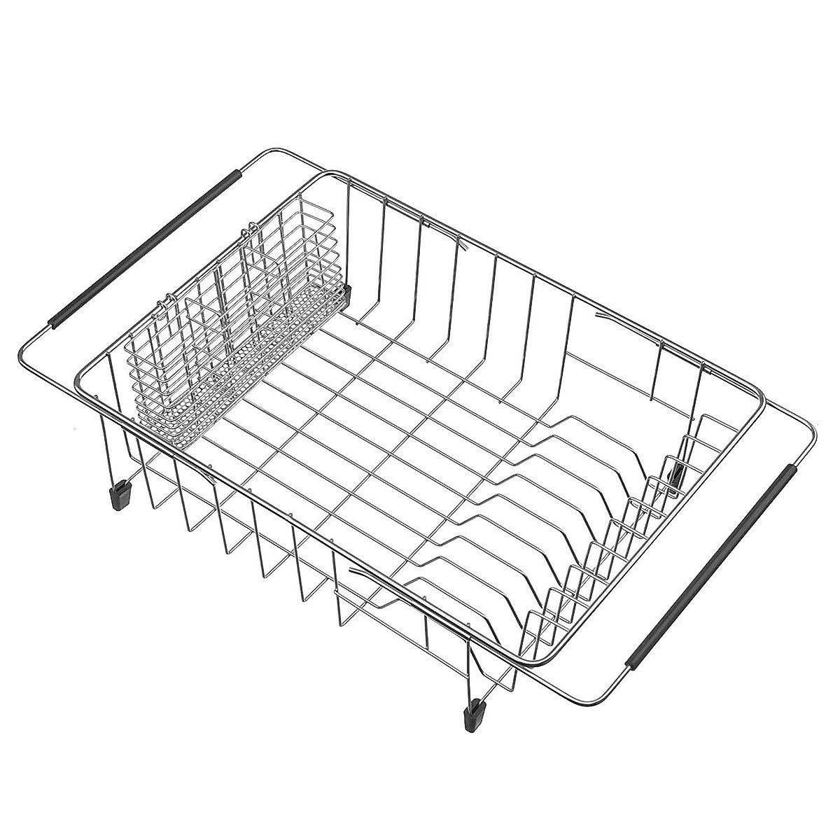 SANNO Dish Drying Rack with Stainless Steel Utensil Holder Expandable Dish Rack Drainer Sink Dish Rack, Deep Large Dish Drainer Dish Rack in Sink On Counter