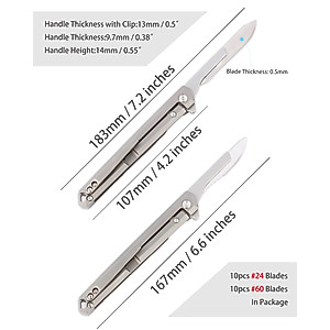 ainhue A42 Compact Slim Flipper Folding Pocket Scalpel Knife, 20pcs Replaceable Blades, 4.2 inches Slender Grey TC4 Titanium Handle Frame Lock Pocket Clip, Lanyard Hole for EDC Gentleman's Knife