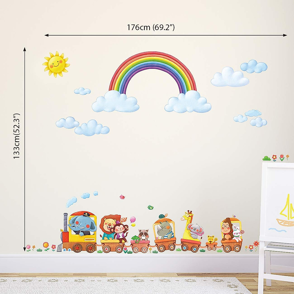DECOWALL DA-1913P1406A Rainbow and Animal Train Kids Wall Stickers Wall Decals Peel and Stick Removable Wall Stickers for Kids Nursery Bedroom Living Room d?cor