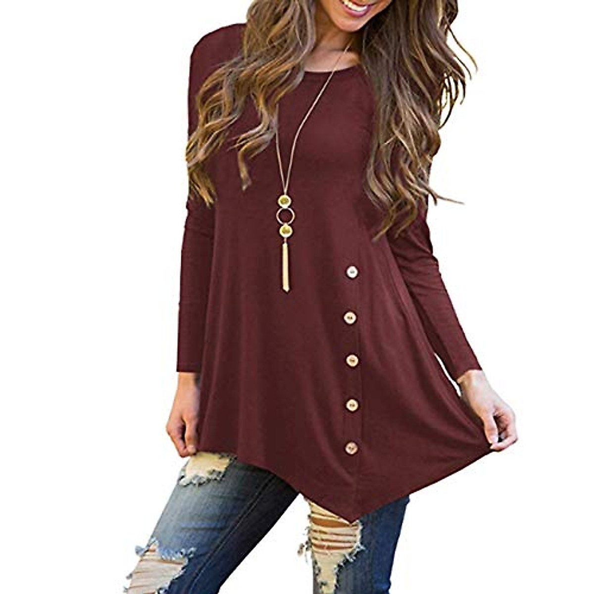 Miskely Women's Long Sleeve Casual Scoop Neck Tees Button Side Shirt Blouse Tunic Top (XL,Wine)