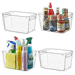Lifewit 4pcs Large Storage Organizer Bins for Pantry Kitchen, Clear Plastic Storage Basket Set with Handle for Laundryroom Bathroom Cabinet Countertop Organize