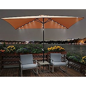 Solar Umbrellas, 10 x 6.5FT Patio Umbrellas with 26 LED Lights, Rectangular Outdoor Umbrellas with Crank and Push Button Tilt Adjustment, Table Market Umbrella for Garden Backyard Pool, Brown