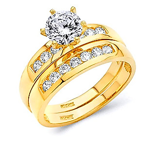 TWJC Ladies 14k Yellow Gold Engagement Ring and Wedding Band Bridal Set - Size 7.5(RG218EB)