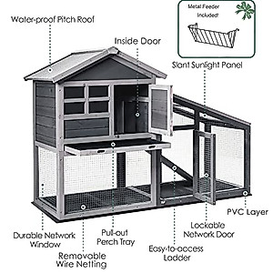HAPPAWS Rabbit Hutch Cage w/Hay Feeder, 58 Inch Bunny Cage Condo Wooden Quail Chicken Coop, Indoor Outdoor Hen Pet House w/Removable Tray, Ramp, Waterproof Roof, Lockable Doors for Small Animals