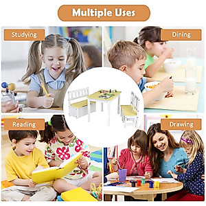 HONEY JOY Kids Table and Chair Set, Toddler Table and 2 Chairs Set w/Toy Storage Bench, 4-Piece Children Wooden Activity Table & Chair Set for Daycare Playroom, Gift for Boys Girls(Natural)