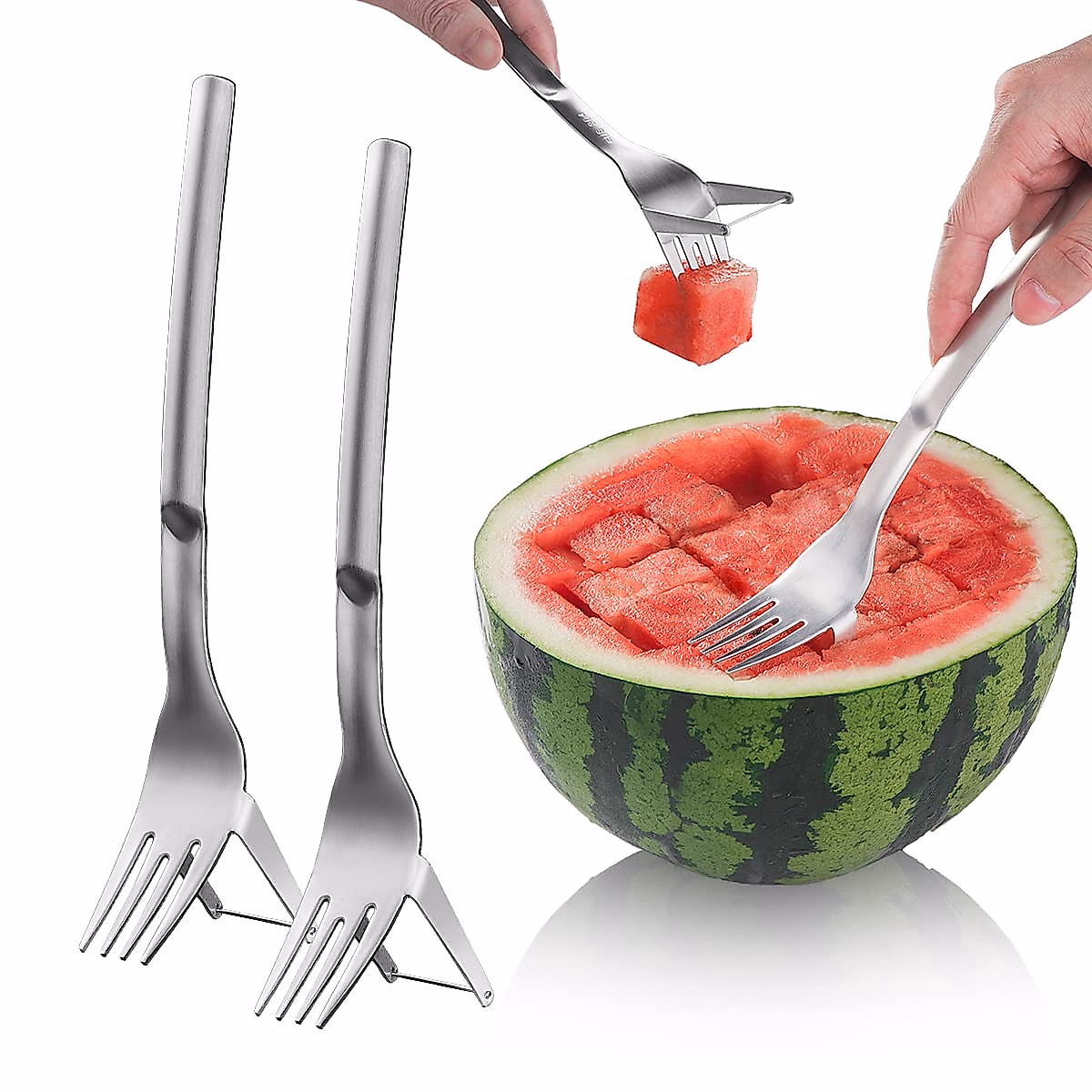 Choxila 2Pcs Watermelon Fork, Watermelon Slicer Cutter, 2-in-1 Fork Stainless Steel Fruit Cutting Artifact for Family Parties Camping