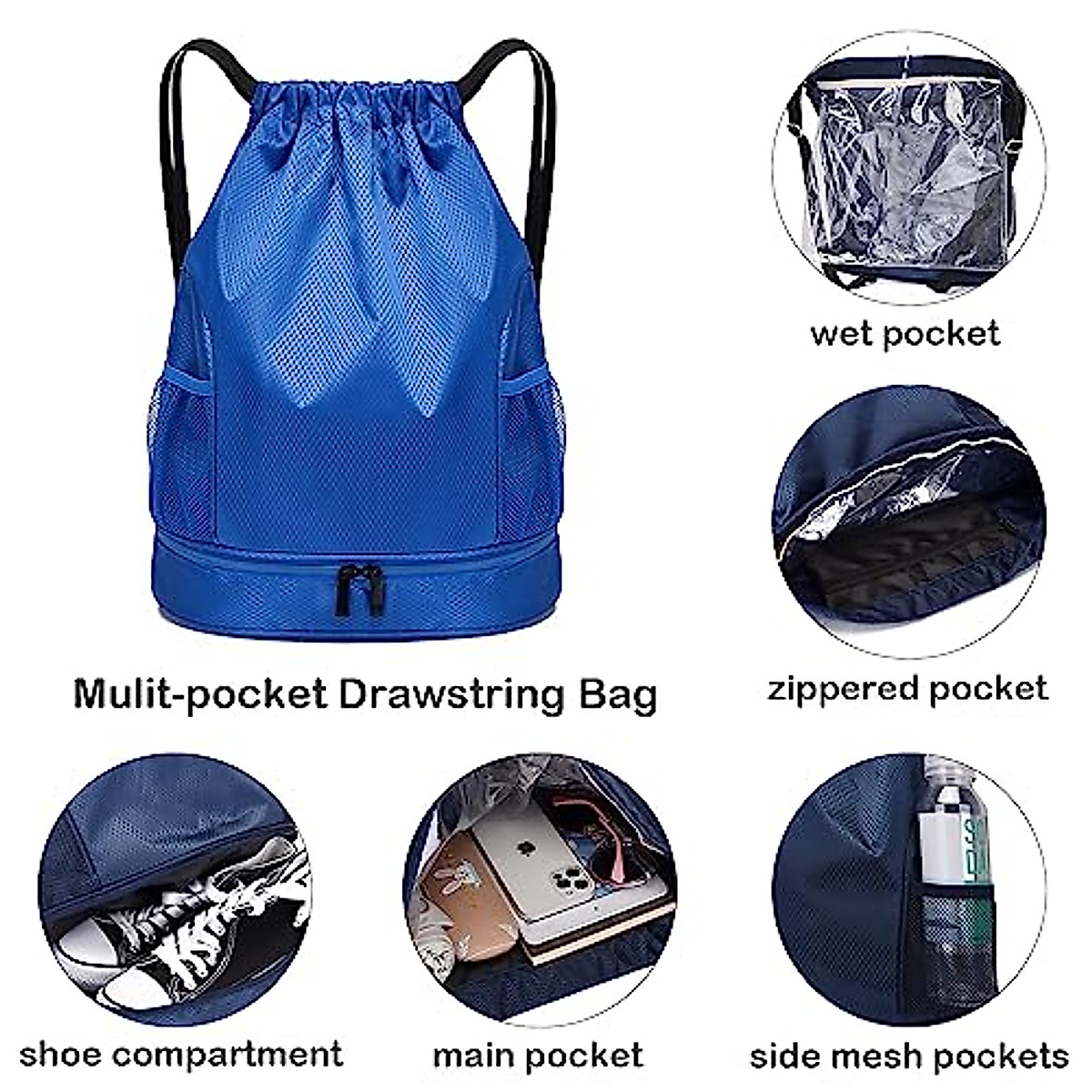 BONVEN Drawstring Backpack Drawstring Bags for Men Women Water Resistant String Backpack with Shoe Compartment Sport Gym Bag