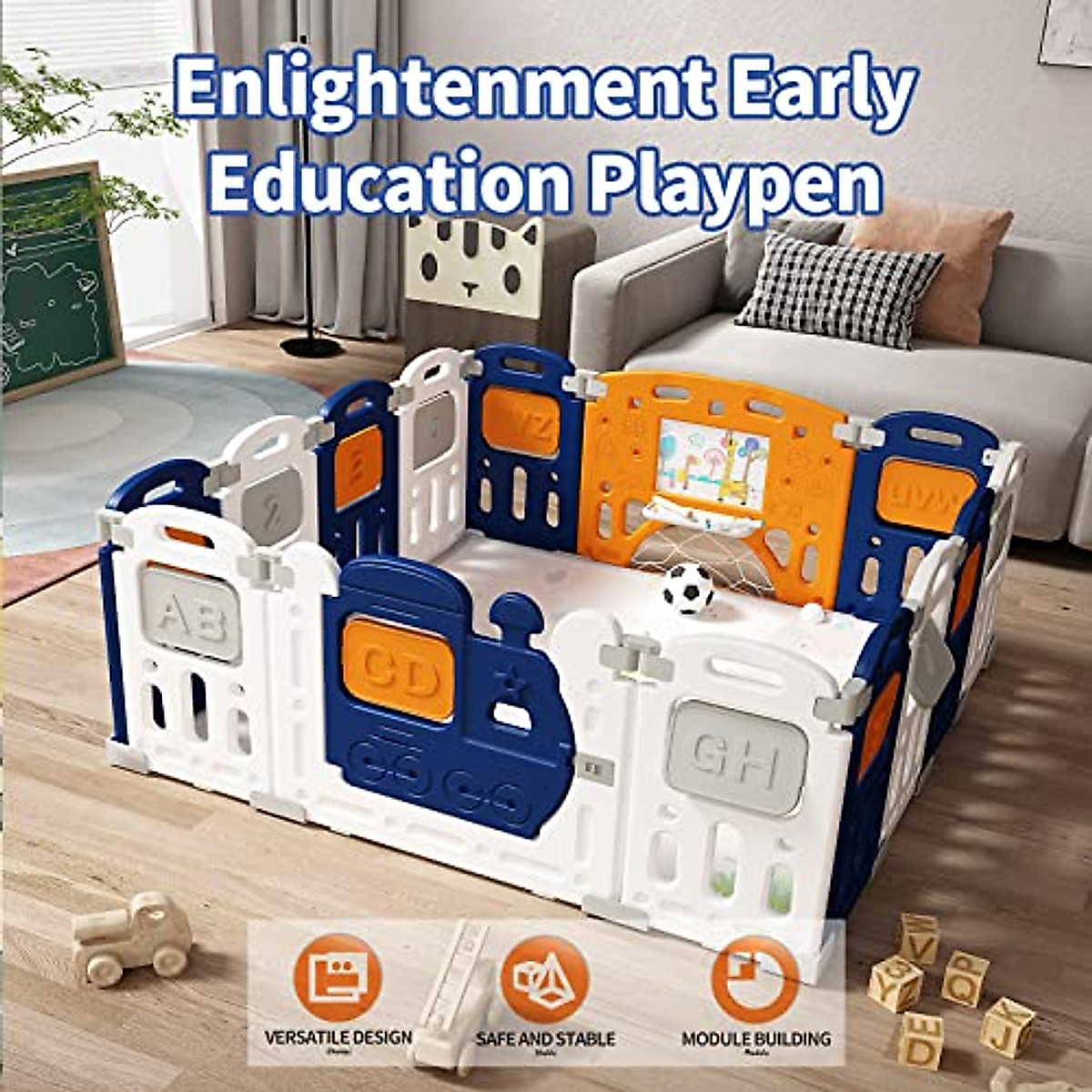 UNICOO Baby Early Education Playpen, Foldable Kids Fence, with Door Lock and Games Station Non-Slip Rubber Bases, Adjustable Shape, Portable Design for Indoor Outdoor Use (Dark Blue + White)