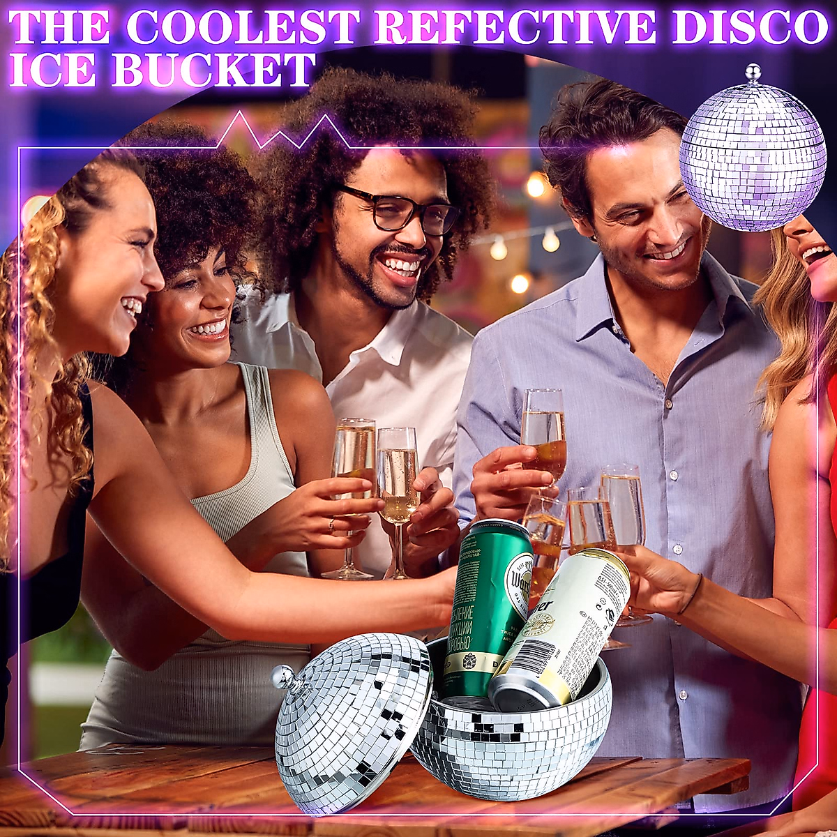 Hoolerry 2L Disco Ice Bucket Ice Storage with Lid Ice Barrel Trendy Double Insulated Stainless Steel Bucket 70s 80s 90s Theme Disco Party Supplies Kitchen Bar Stuff Retro Party Accessories