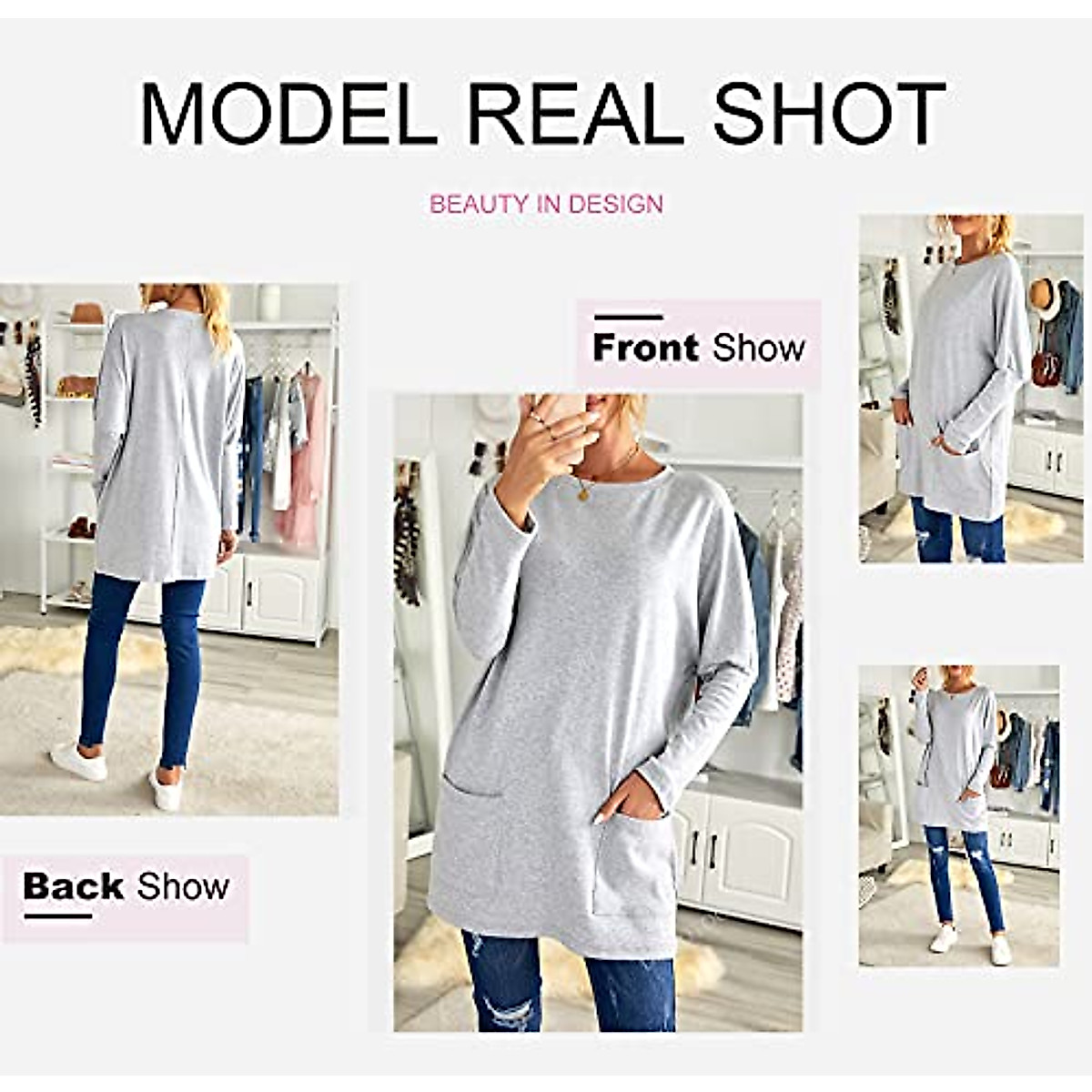 Dokotoo Womens Comfy Casual Long Sleeve T Shirt Tunics Tops Blouse Fashion Oversized Shirts Tunic with Pockets Tops for Leggings Summer Autumn Spring (US 16-18) XL,Gray