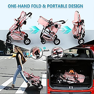 Kinder King 2 in 1 Convertible Baby Stroller, Folding High Landscape Infant Carriage, Newborn Reversible Bassinet Pram, Adjustable Canopy, Diaper Bag, Anti-Shock Toddler Pushchair Stroller, Pink