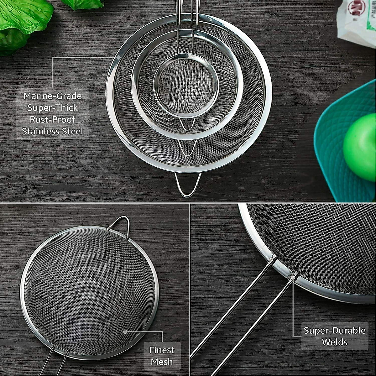 Eleen Stainless Steel Strainer | Set of 3 Kitchen Strainers Available Sizes (S,M,L) | Perfect Strainers for Kitchen Use | Mesh Strainer with Durable, Strainers fine Mesh for Tea, Pastas, Vegetables