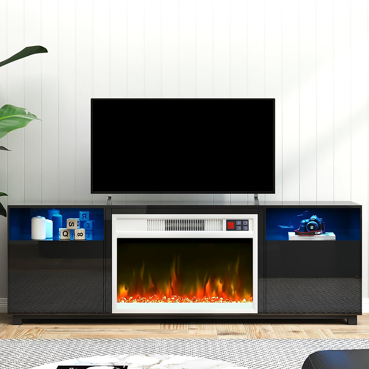 Avocahom Fireplace TV Stand for TVs up to 65”, LED Light Entertainment Center w/Black 23” Electric Fireplace, 2 Open Shelves & Storage Cabinet, Modern Wood Texture Console Table for Living Room, Black