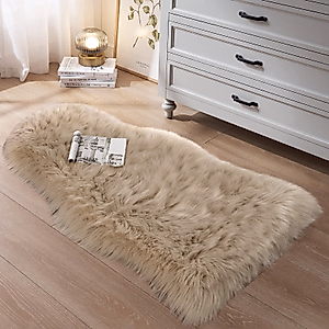 Small Faux Fur Rug 2x4 ft Ultra Soft Sheepskin Rug Chair Sofa Cover Seat Pad, Beige Fluffy Shag Rug for Bedroom Nursery Kids Room, Luxury Shaggy Rug Fuzzy Plush Floor Carpets