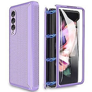 Fold 3 Case with Hinge Protection & Screen Protector, Triangular Anti-Skid Texture Design, Slim Fit Lightweight Protective Cover Supports Wireless Charging for Samsung Galaxy Z Fold 3 5G (Purple)