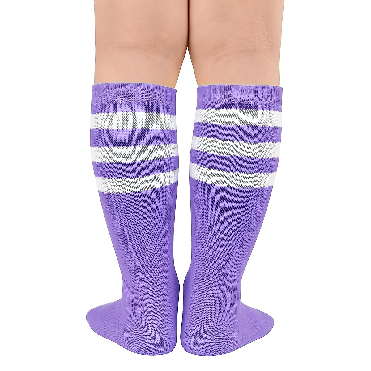 Zando Girls Knee High Socks 6-8 Years Old Cotton Soft Girls Soccer Socks School Uniform Socks for Girls Seamless Socks Youth Tube Socks Three Stripe Soccer Socks Kids Light Purple 6-9 Years