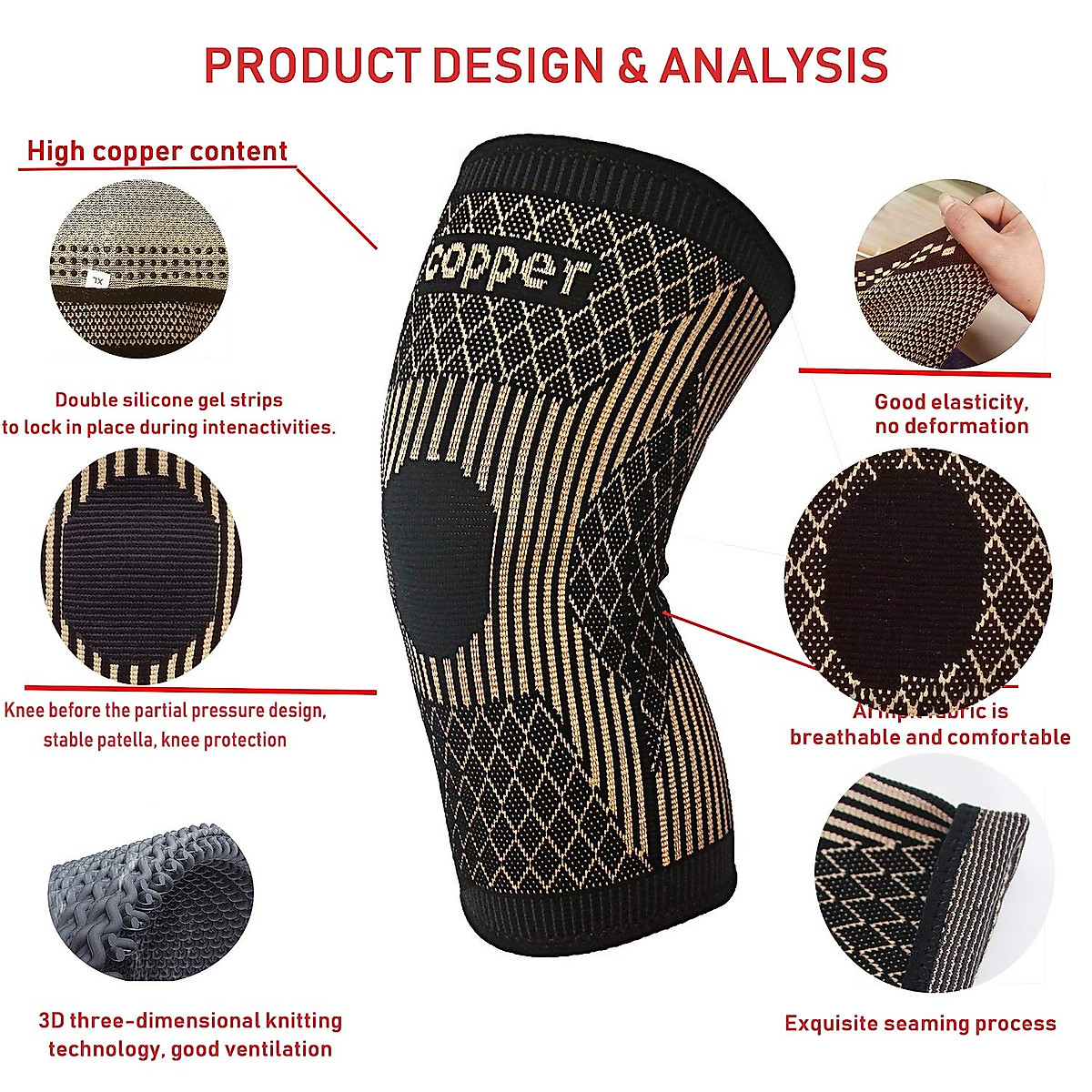 SHENGYADE Copper Knee Brace -Copper Knee Sleeve Compression For Sports,Workout,Arthritis Pain Relief and Support-Single (L)