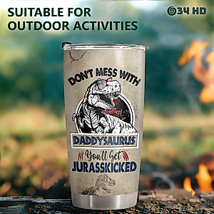 34HD Daddysaurus Tumbler with Lid, 20oz Stainless Steel Insulated Dinosaur Dad Mug, Funny Daddy Drinking Cup, Birthday Christmas Father Day Gifts for New Papa Bonus Dad Husband Grandpa