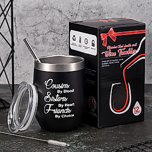 Patelai Cousin Gifts For Women Cousin Wine Tumbler Sisters by Heart Friends by Choice Coffee Mug, Christmas Mug Tumbler for Cousins, 12 oz Vacuum Insulated Wine Tumbler with Gift Box (Black)