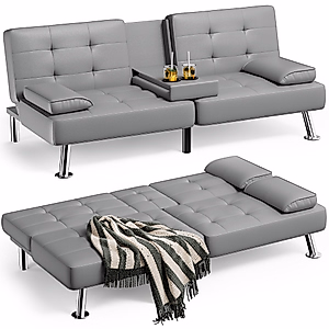 JUMMICO Faux Leather Futon Sofa Bed Futon Couch with Removable Armrests Adjustable Sleeper Sofa Bed with 2 Cup Holders for Living Room (PU Leather, Grey)