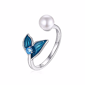 FOREVER QUEEN Mermaid Tail Ring, S925 Sterling Silver Dolphin Tail Adjustable Finger Ring for Women Open Ring with Blue Cubic Zirconia& Shell Pearl Birthday Day Gift