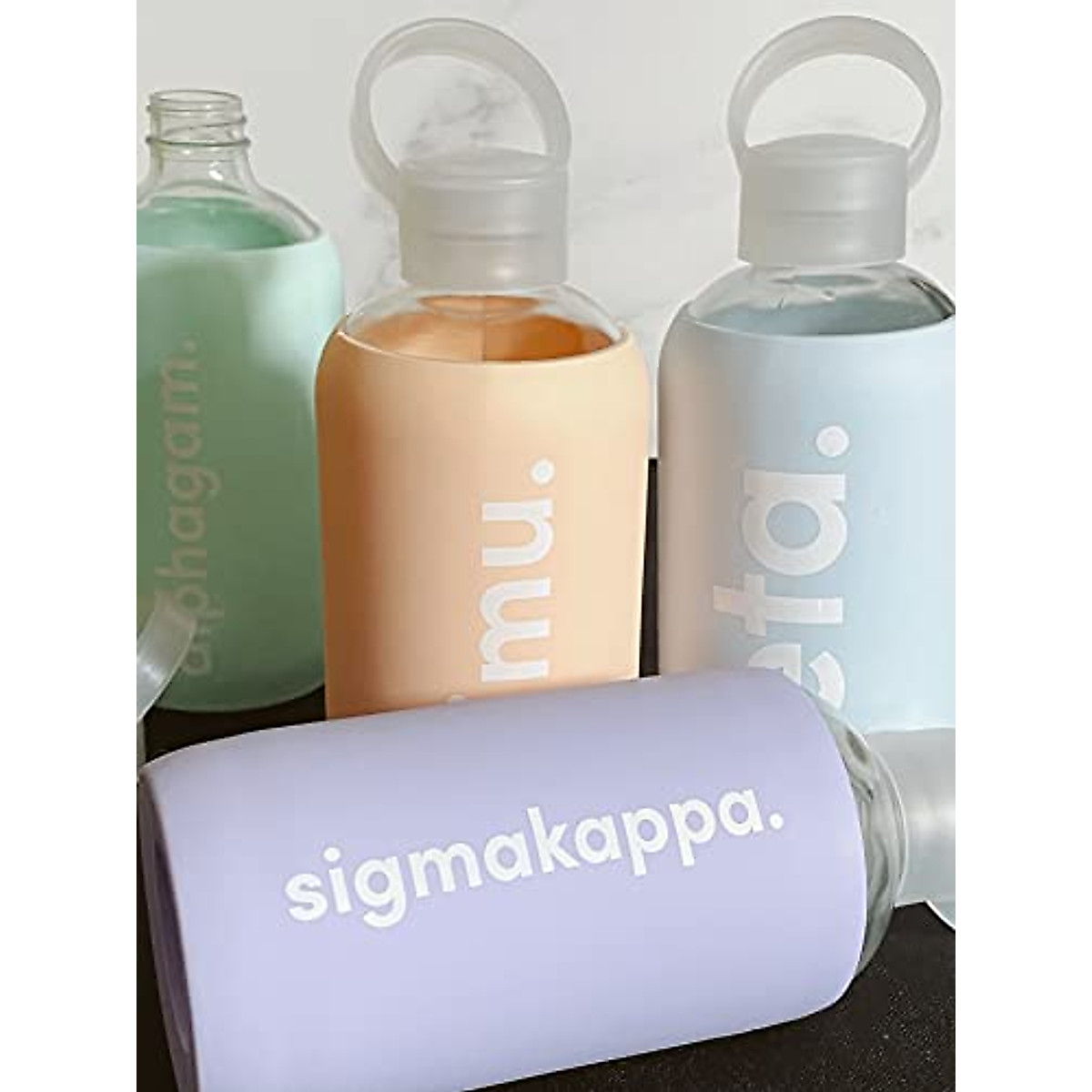 Sorority Shop Zeta Tau Alpha Glass Water Bottle with Silicone Sleeve - 16 Oz Glass Water Bottle, Reusable Glass Water or Juice Bottle with Cap
