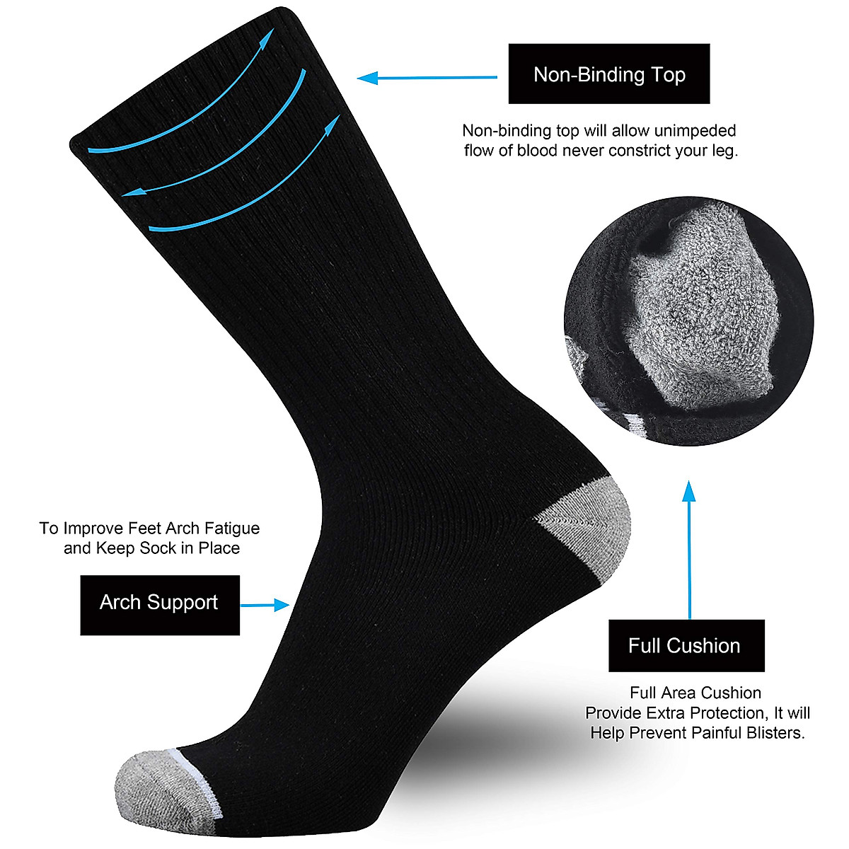 ONKE Cotton Cushion Crew Socks for Men Women Athletics All Seasons Thick Warm Heavy Duty Work Boots Moisture Wicking Control(Black XL)