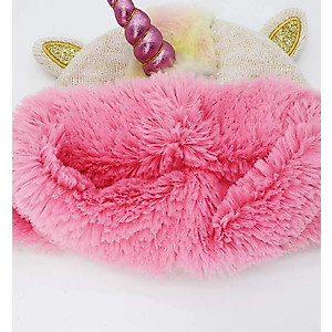 Kids Girls Cute Glitter Unicorn Beanie Winter Hat and Glove Set Knitted Earflap Cap Flip Top Mitten Set Beige