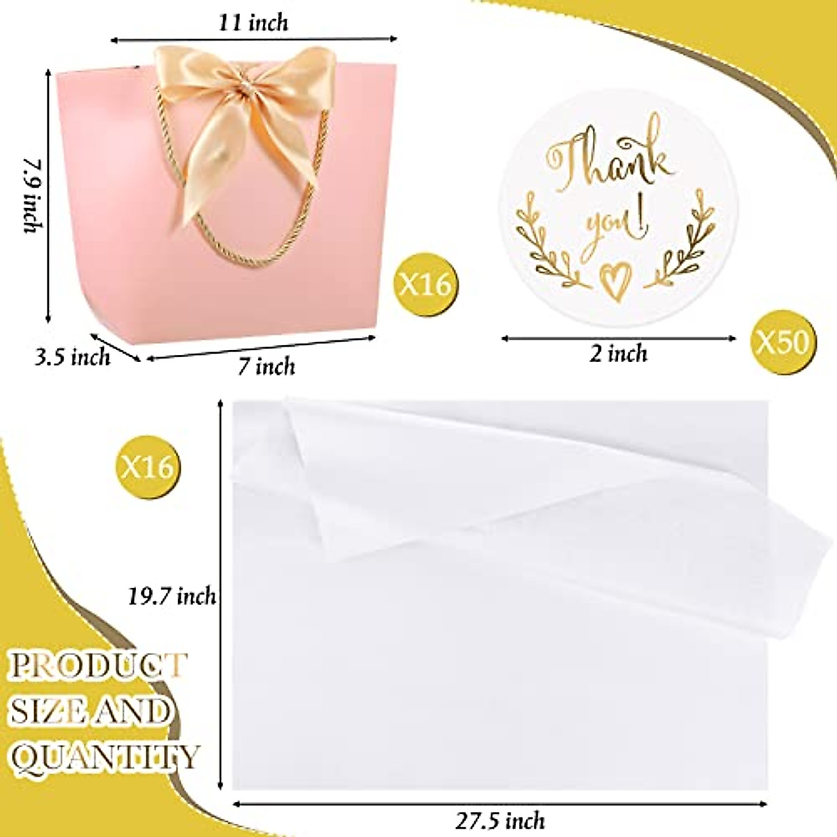 16 Thank You Gift Bags with Bows Ribbons, 11 x 7.9 x 3.5 Inch Paper Party Favor Bags with 50 Thank You Stickers and 16 Tissue Papers for Christmas Birthday Wedding Bridesmaid Holiday (Pink Bag)
