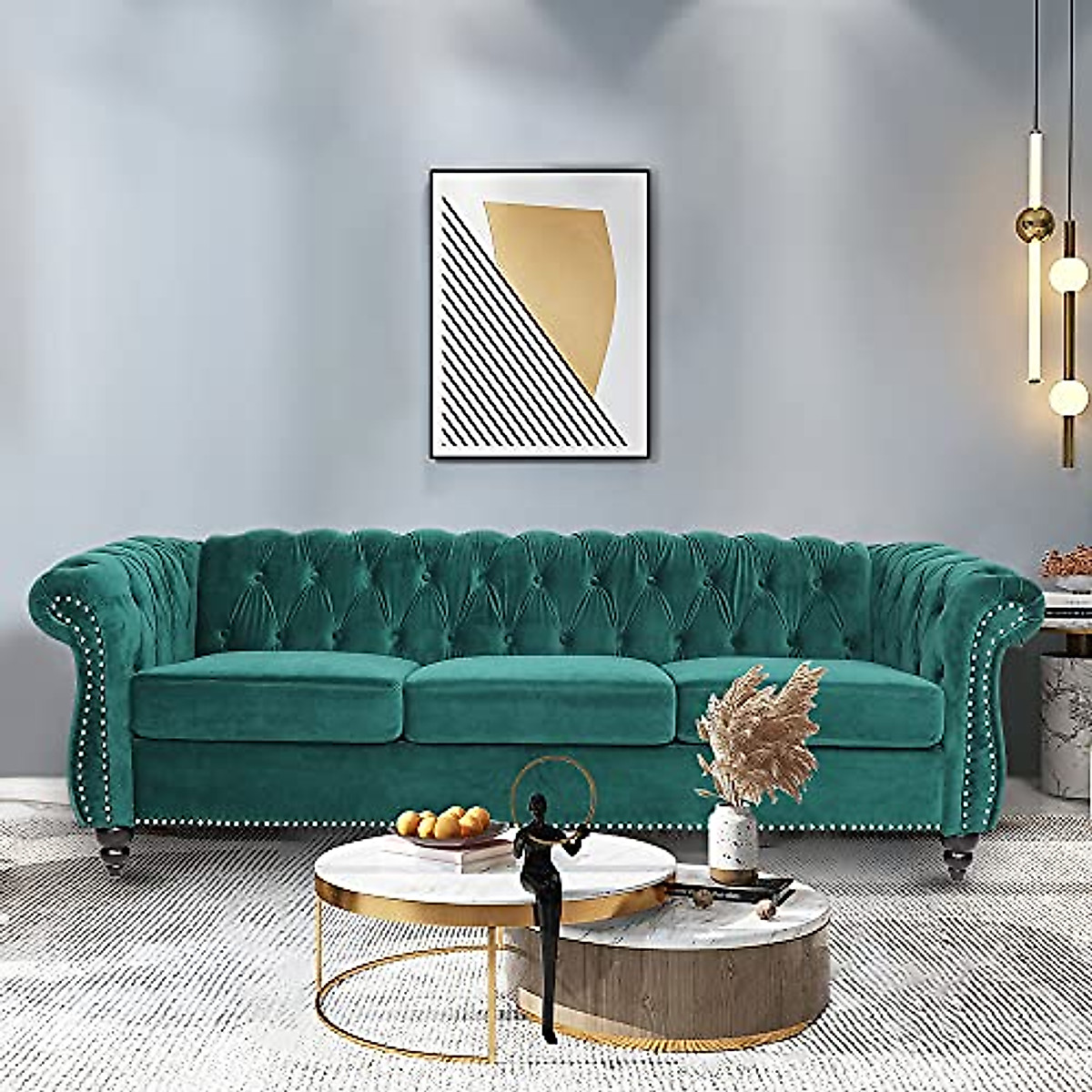 NOSGA Large Sofa, Modern 3 Seater Couch Furniture, Three-seat Sofa Classic Tufted Chesterfield Settee Sofa Tufted Back for Living Room (Green)