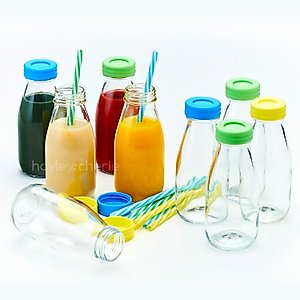 Hayley Cherie 10oz Glass Milk Bottles with Colorful Leak Proof Lids & Reusable Straws, 9 Pack, Airtight, Vintage Style for Smoothies, Juicing, Drinks, Breakfast, Parties