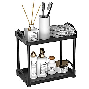 Black 2-Tier Bathroom Countertop Organizer for Skincare, Cosmetic, Perfume, and Toiletries - Vanity Tray with Non-Slip Foot Pads for Kitchen Spice Storage Shelf