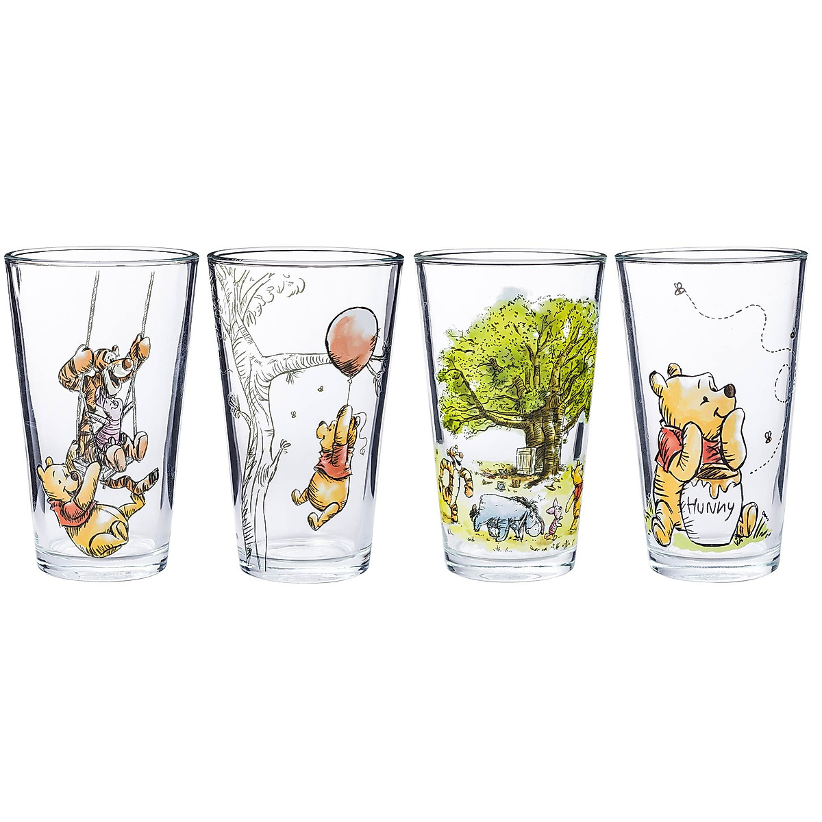 Silver Buffalo Disney's Winnie the Pooh Painted Scenes 4pc Pint Glass Set, 16 Ounces