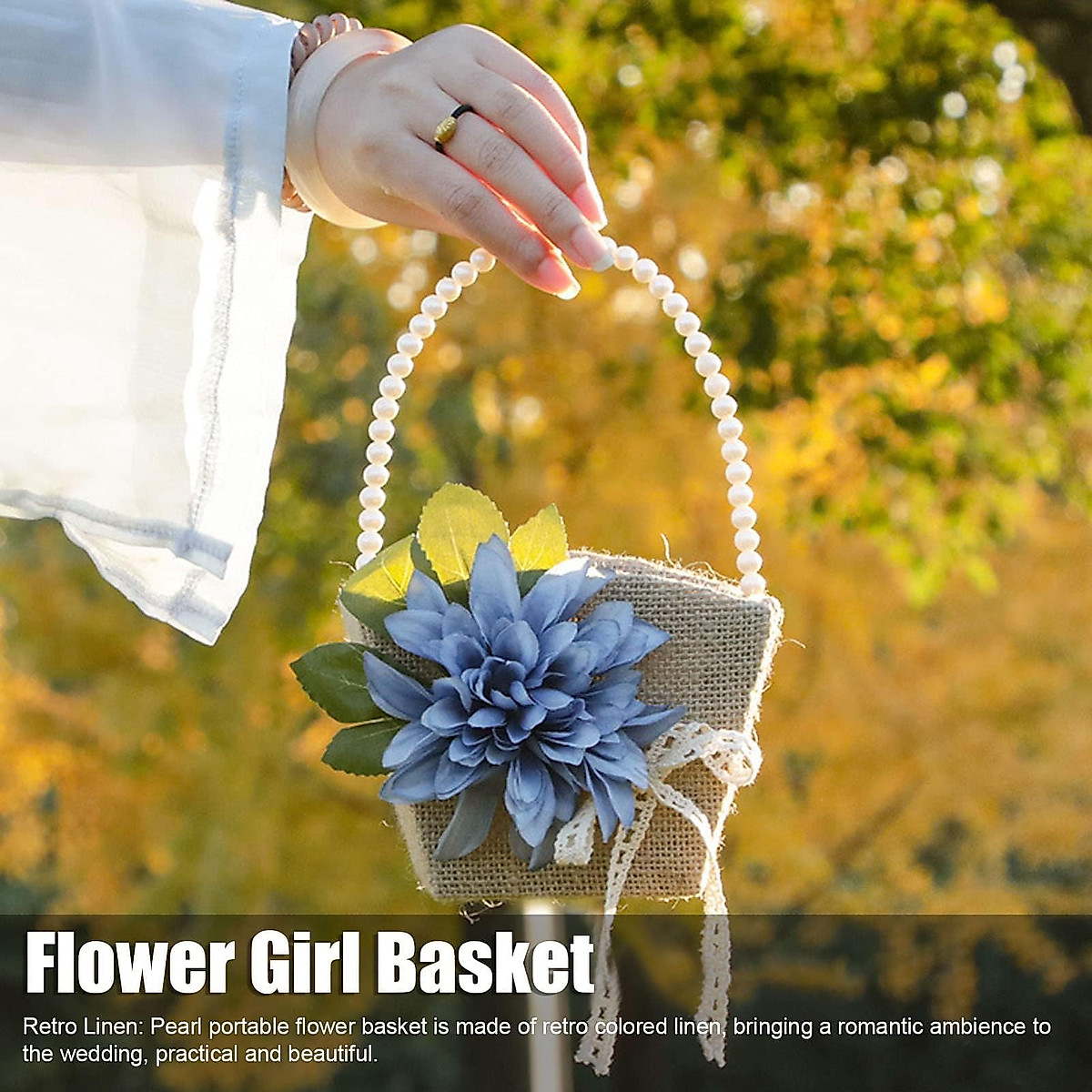 Rustic Flower Girl Basket, Vintage Burlap Flower Basket with Pearl Handle Jute Wedding Flower Girl Basket for Wedding Ceremony Bride Flower Girl Basket