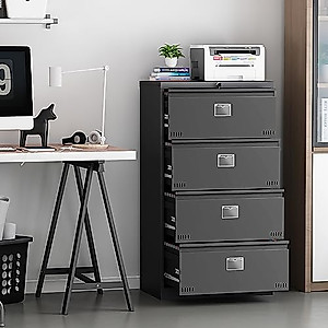 TOPKEY Lateral File Cabinet 4 Drawer Metal Filing Cabinets for Home Office, Black File Storage Cabinet with Lock for Letter/Legal A4 Size, Locking Horizontal Filing Cabinet with Card Slot