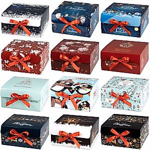 ARTLYMERS Christmas Gift Boxes with Lids, 12 Pack Gift Boxes and Red Ribbon Christmas Themed Pattern Small Gift Boxes for Christmas Presents Gifts Easy Assemble