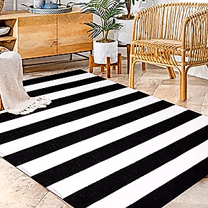 BOTTALIVE Black and White Striped Outdoor Rugs 35.5'' x 59'' Front Porch Rug Cotton Hand-Woven Area Rug for Layered Door Mats, Farmhouse, Entry Way, Welcome Door Mat
