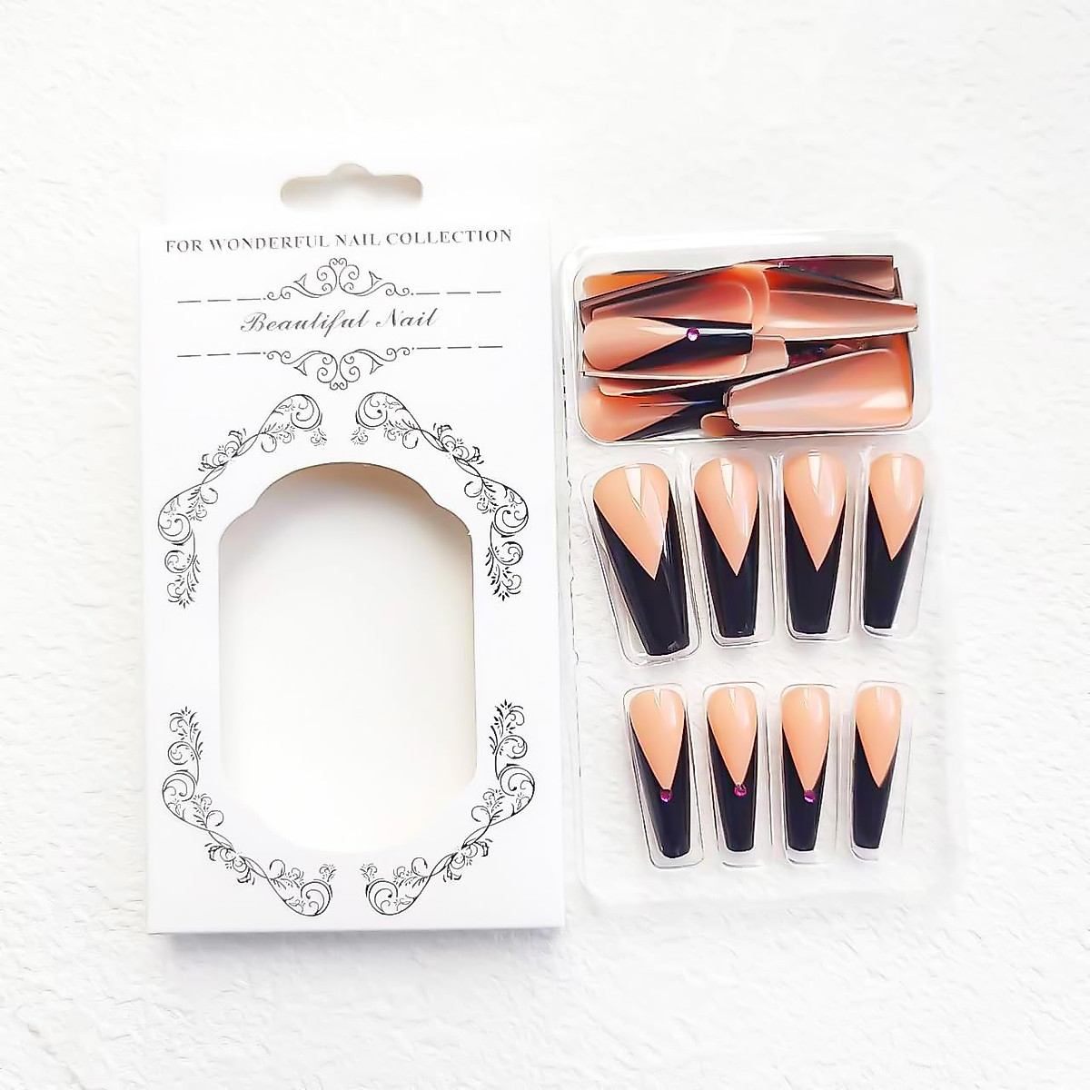 24Pcs Long Press on Nails Black Square Fake Nails French Tip 3D Metal Planet Glue on Nails wiht Rhinestones Acrylic Nails Black Tips Nude False Nails for Women Manicure Decorations